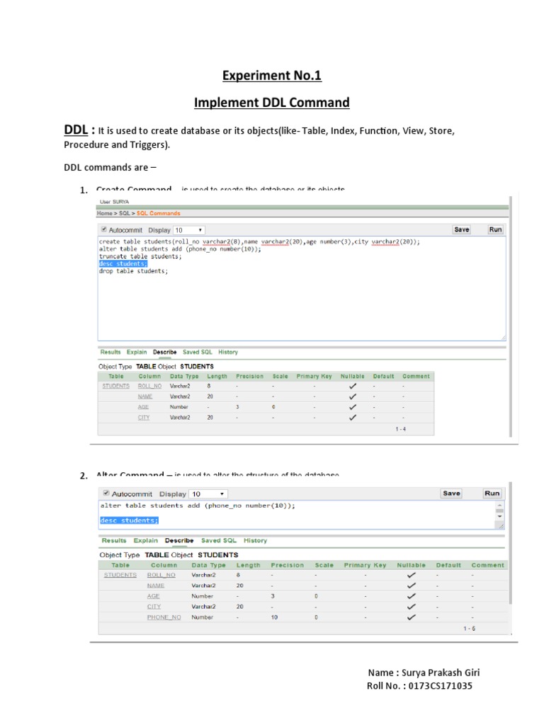 SQL and PL/SQL Command Experiments | PDF | Sql | Databases
