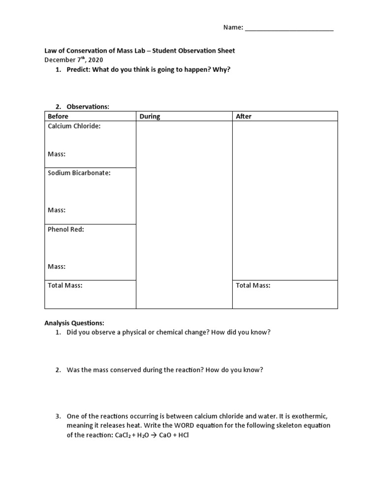 Conservation of Mass Lab Sheet | PDF