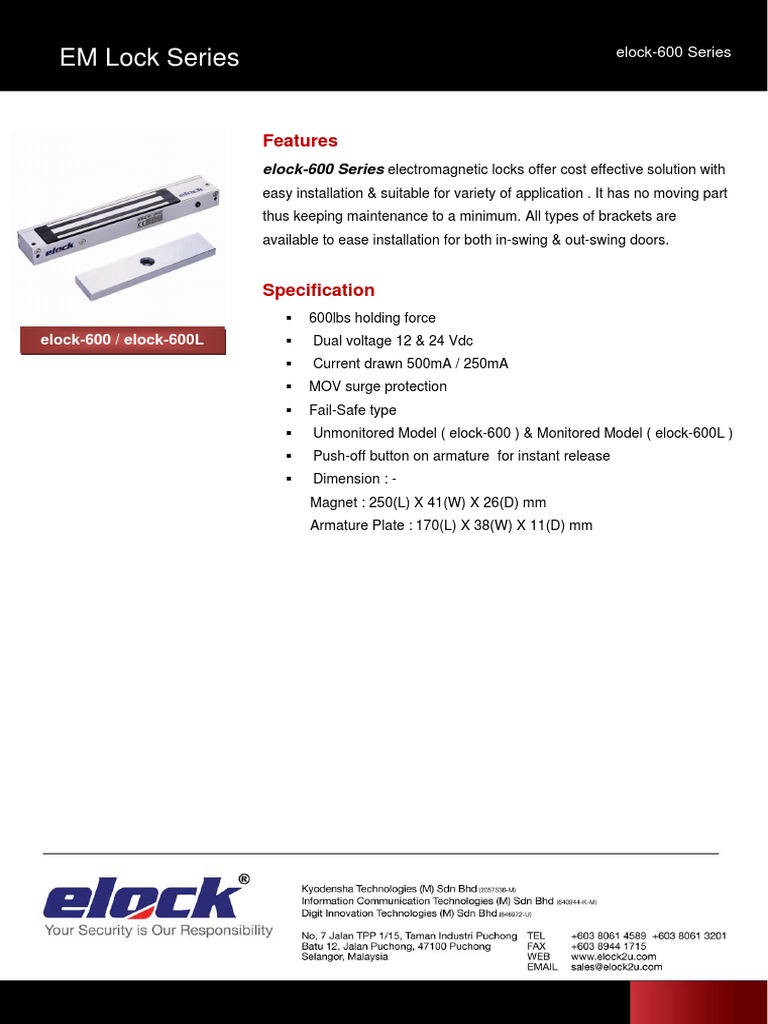 EM Lock Series: Features | PDF | Electrical Components | Equipment