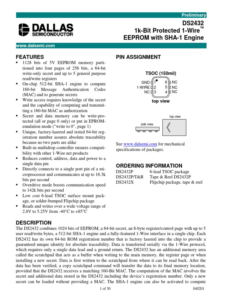Features Pin Assignment: DS2432 1k-Bit Protected 1-Wire EEPROM With SHA ...