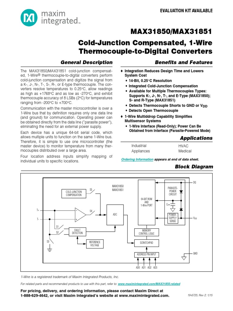 MAX31850/MAX31851 Cold-Junction Compensated, 1-Wire Thermocouple-to-Digital Converters | PDF