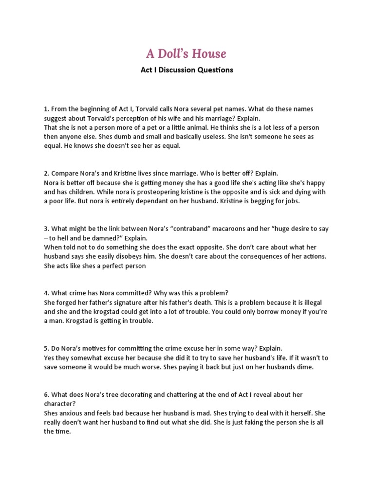 A Doll's House: Act I Discussion Questions | PDF | Social Science ...