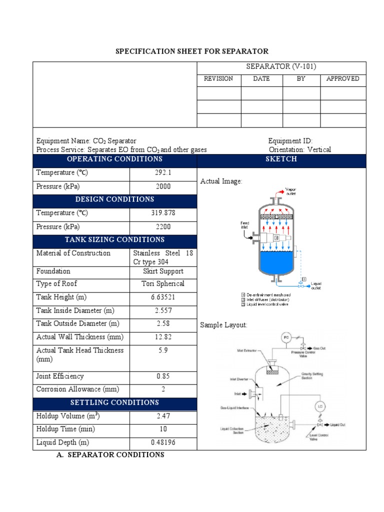 Specification Sheet For Separator: Operating Conditions Sketch | PDF ...