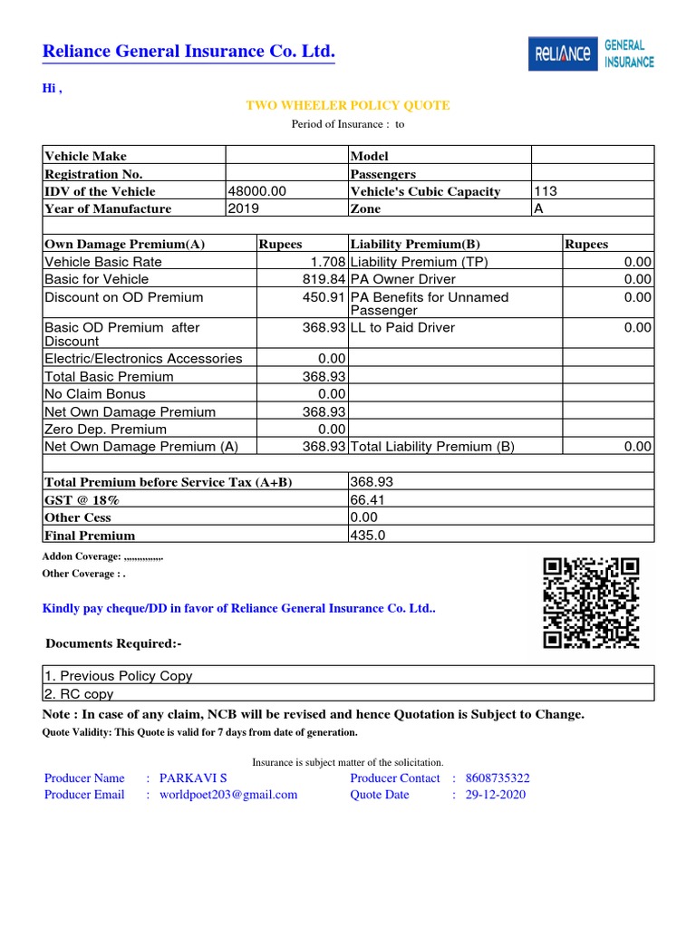 Two Wheeler Insurance Quote for a 2019 model vehicle with 113 cc engine ...