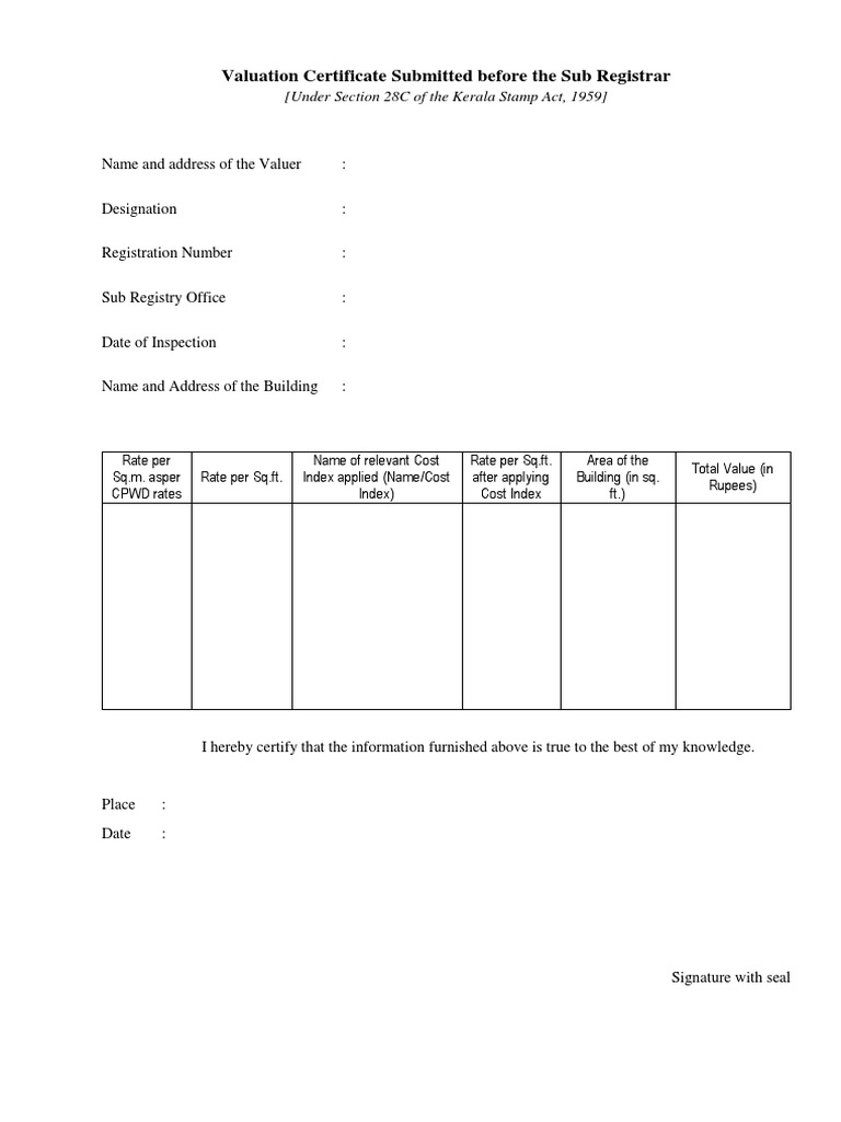 Valuation Certificate Submitted Before The Sub Registrar: (Under ...