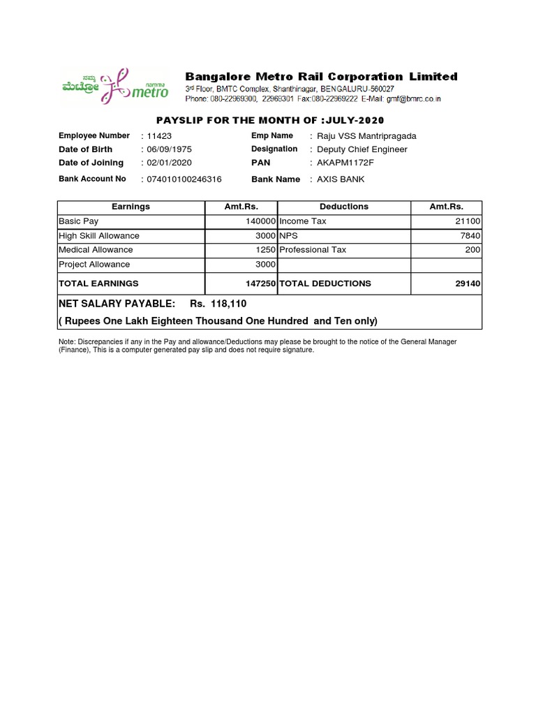 Payslip For The Month Of: July-2020: Date of Birth Date of Joining PAN ...