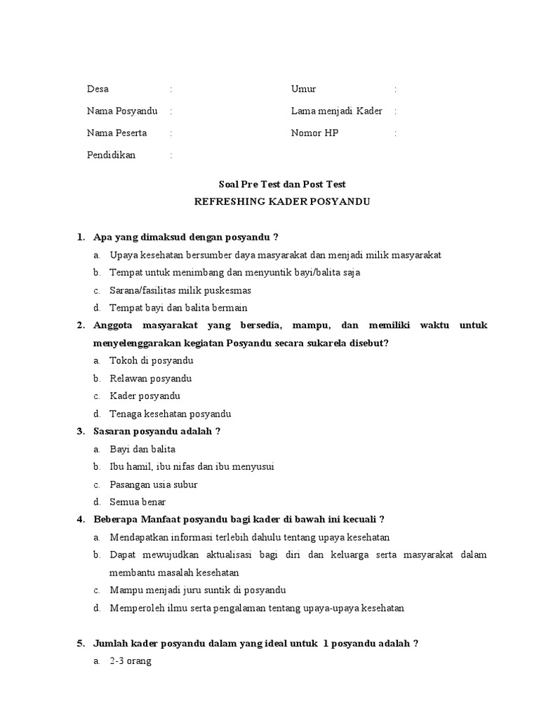 Contoh Soal Pre Test Dan Post Test Kader | PDF