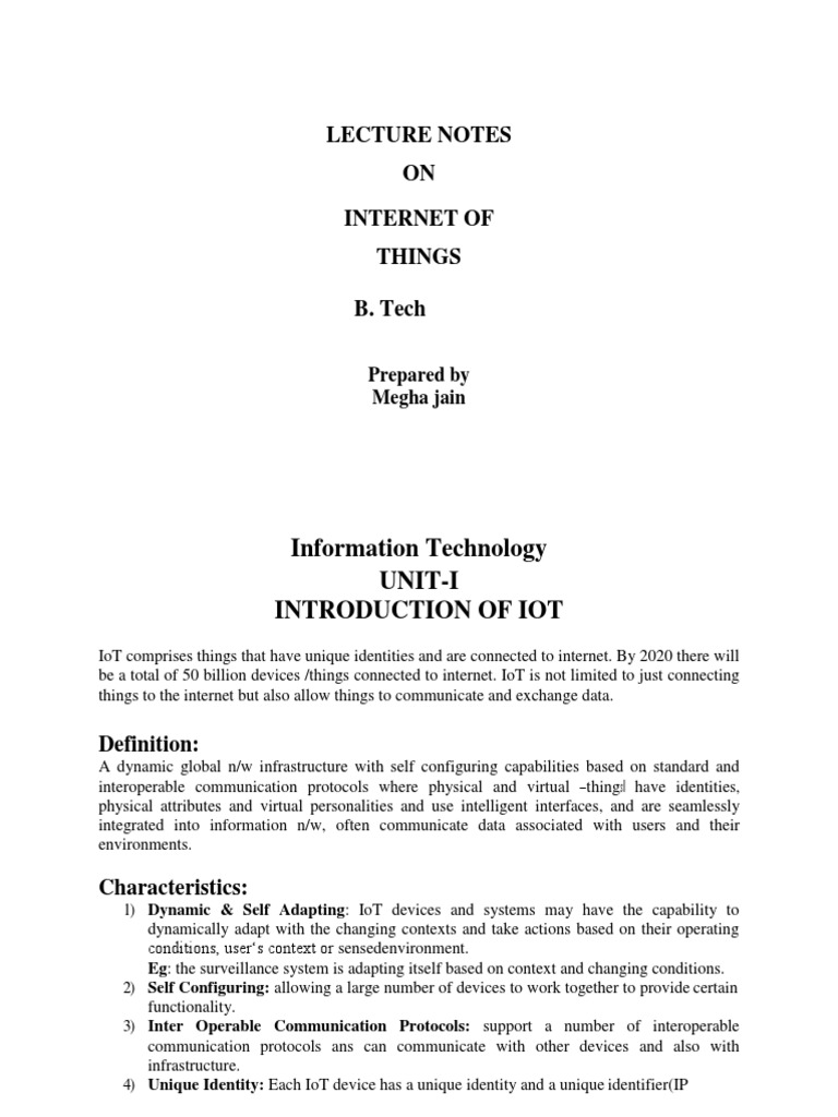 Lecture Notes ON Internet of Things B. Tech: Information Technology ...