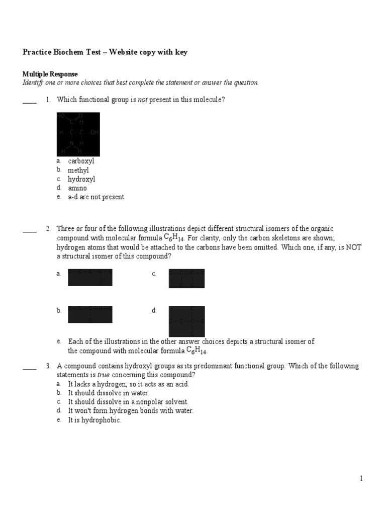 Practice Biochem Test - Website Copy With Key: Multiple Response | PDF ...