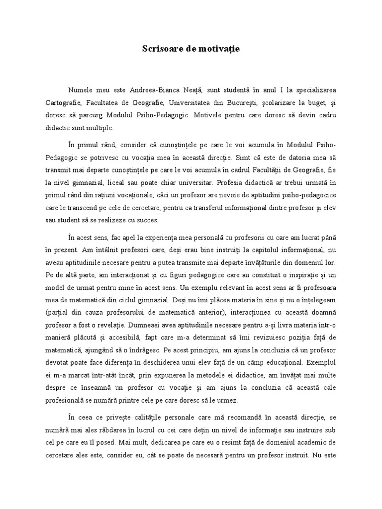 Scrisoare Motivationala - Modul Psiho-Pedagogic | PDF