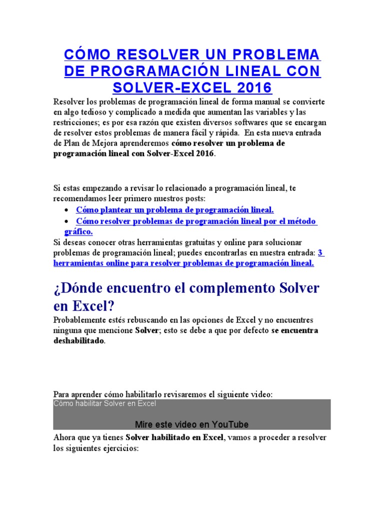 Problema de Programacion Lineal Con Excel | PDF | Finanzas y dinero