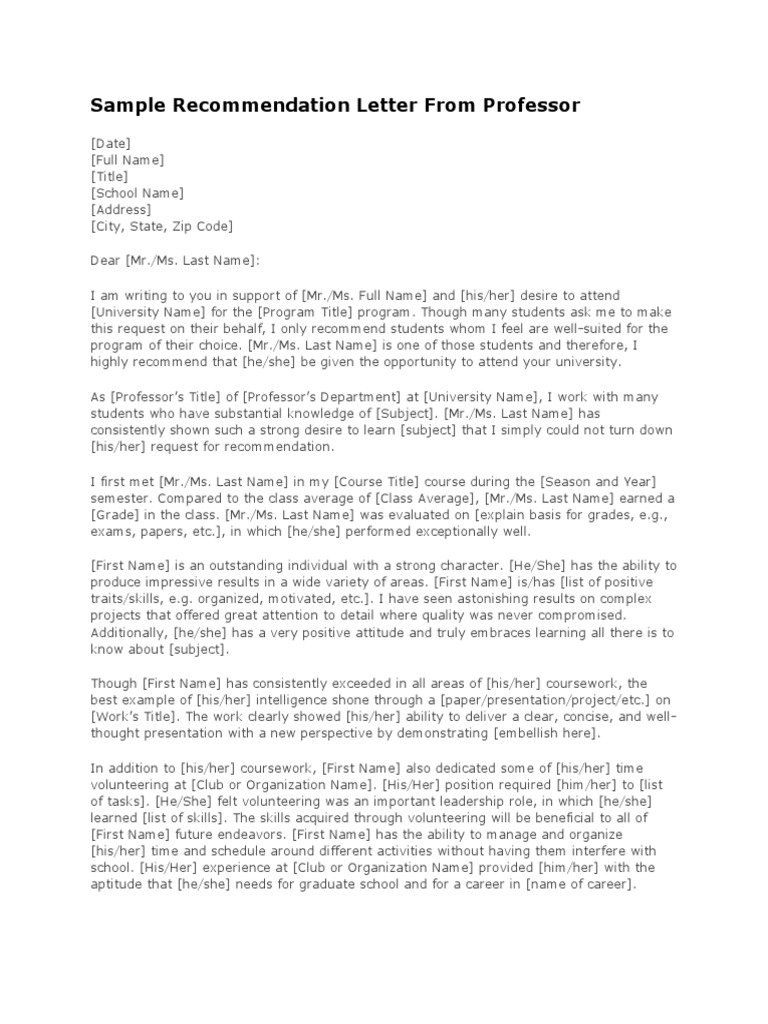 Sample Recommendation Letter From Professor | Download Free PDF | Test ...