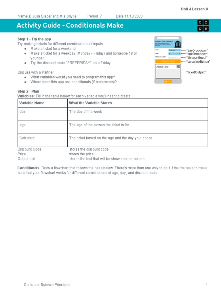U4l08 Activity Guide - Conditionals Make - Unit 4 Lesson 8 | PDF | Workweek And Weekend ...
