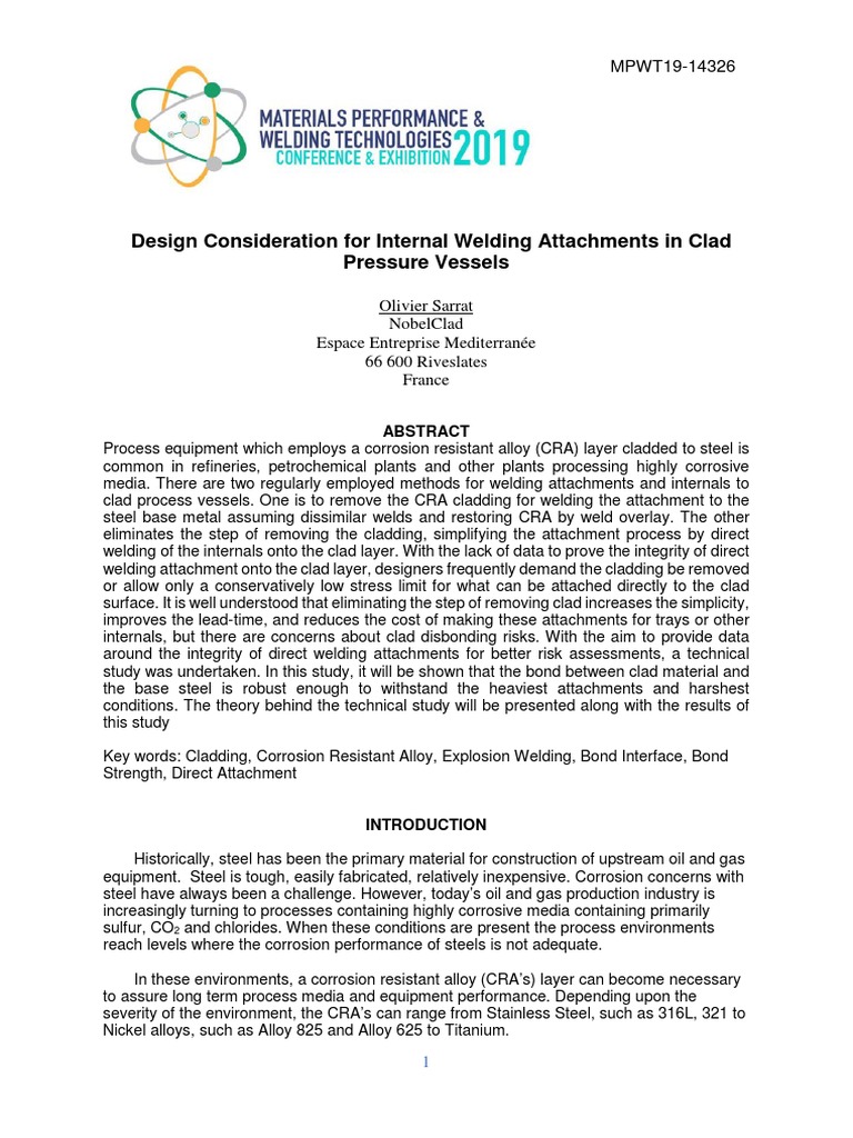 Design Consideration For Internal Welding Attachments in Clad Pressure ...