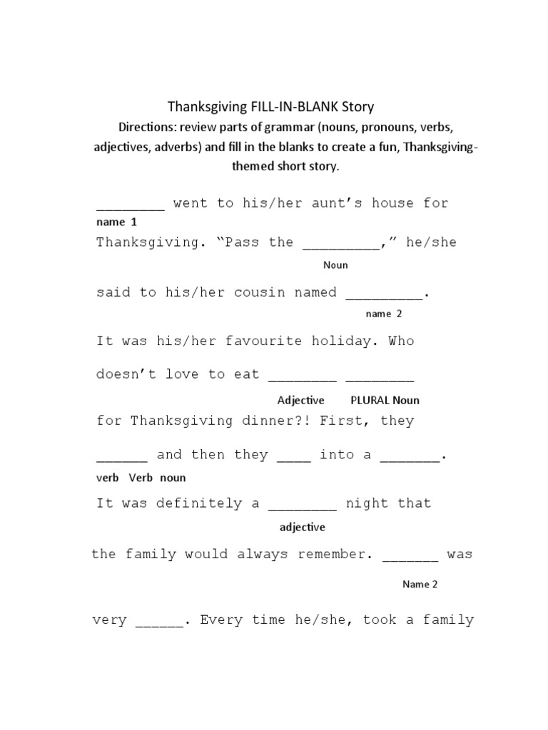 Thanksgiving FILL-IN-BLANK Story | PDF | Language Arts & Discipline ...