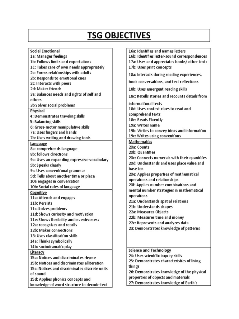 TSG Objectives Sheet 2021 | PDF | Conversation | Concept