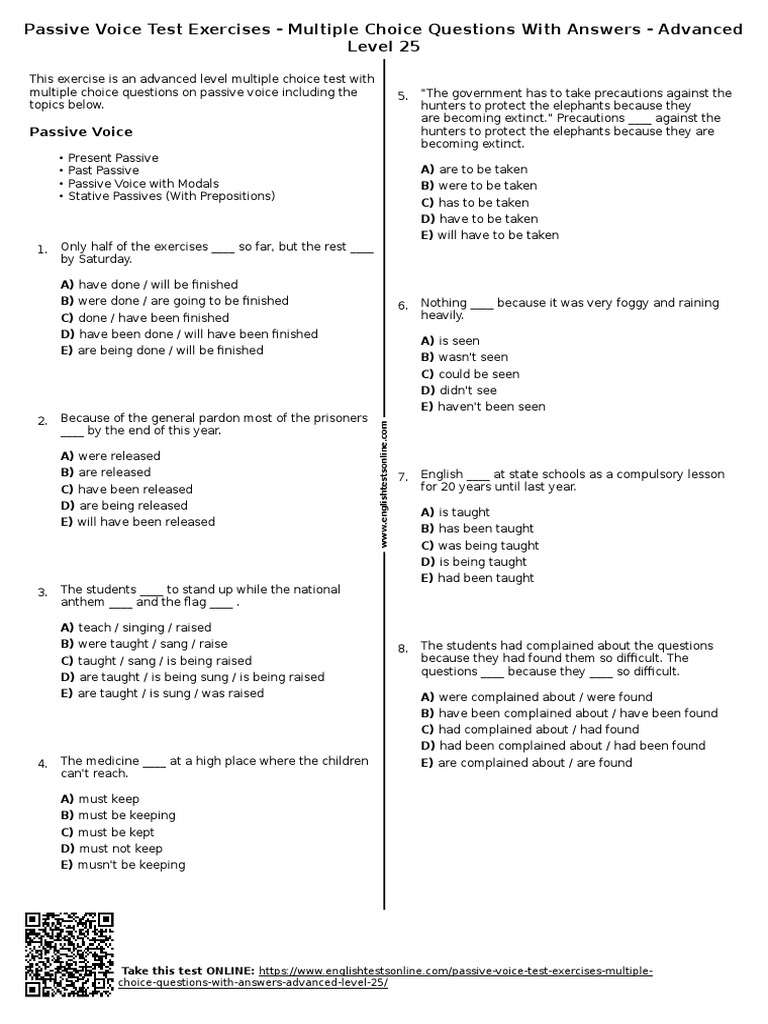 524 - Passive Voice Test Exercises Multiple Choice Questions With ...