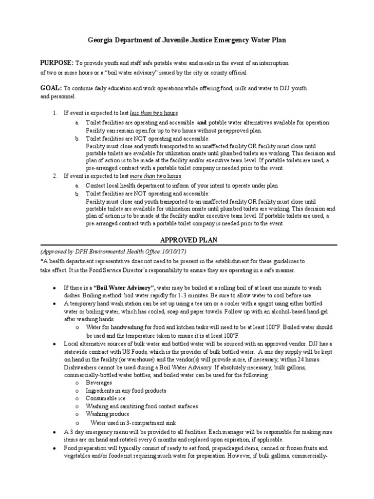 Georgia Department of Juvenile Justice Emergency Water Plan: Purpose ...