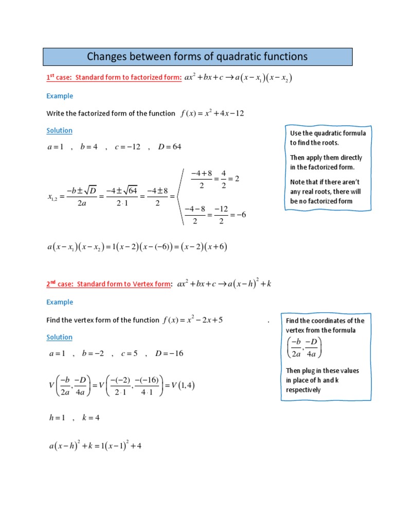 Changes Between Forms of Quadratic Functions: Ax BX C Ax X X X | PDF ...