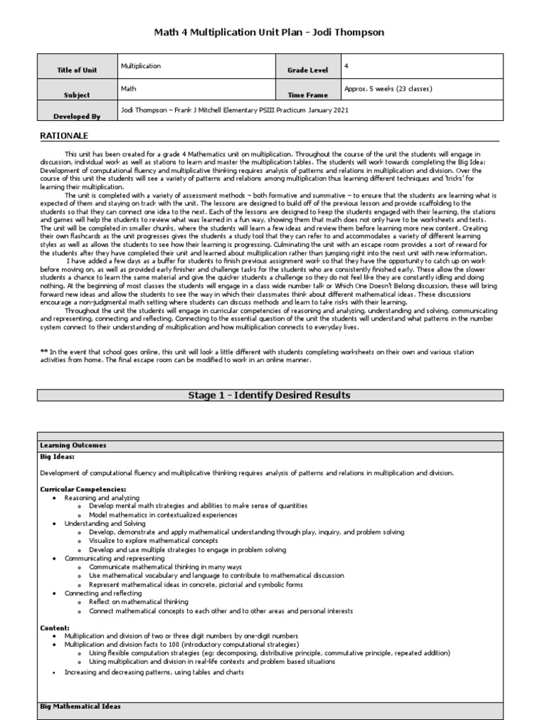 Unit Plan Psiii - Math | PDF | Worksheet | Multiplication