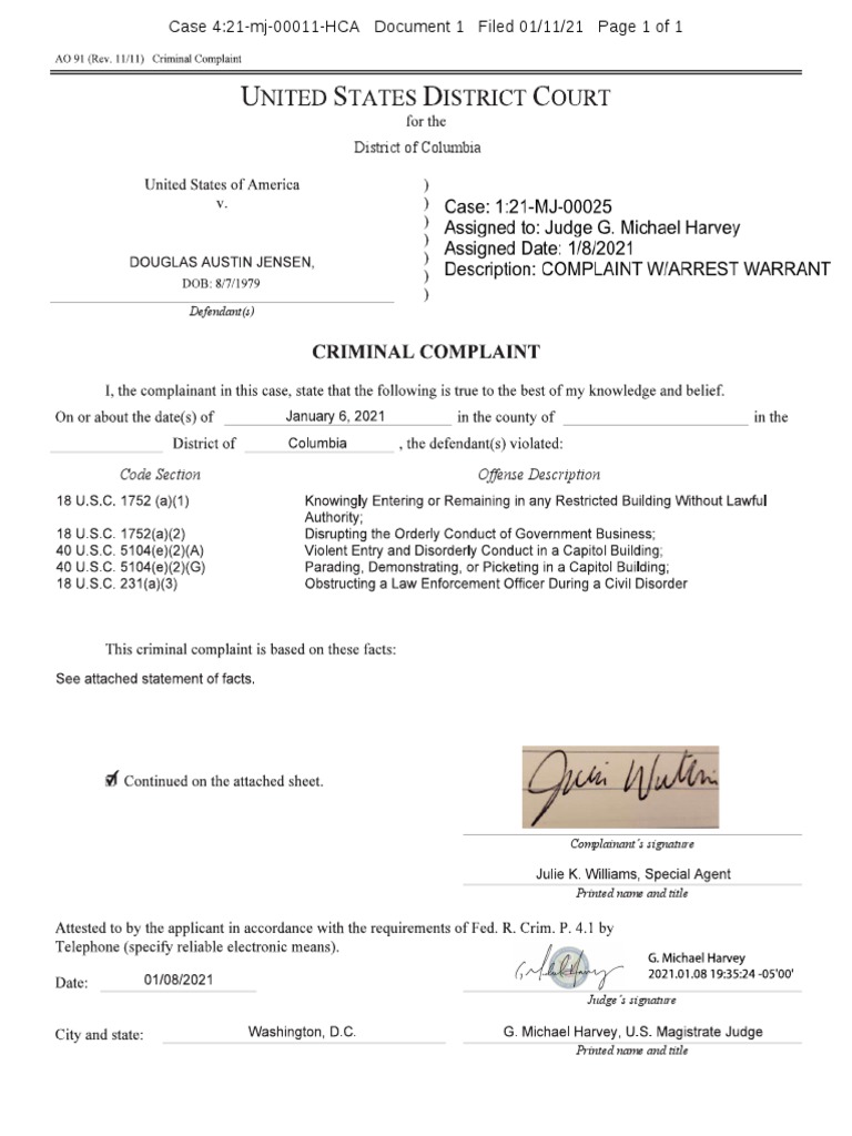 Doug Jensen Federal Criminal Complaint 1610486173 | Download Free PDF ...