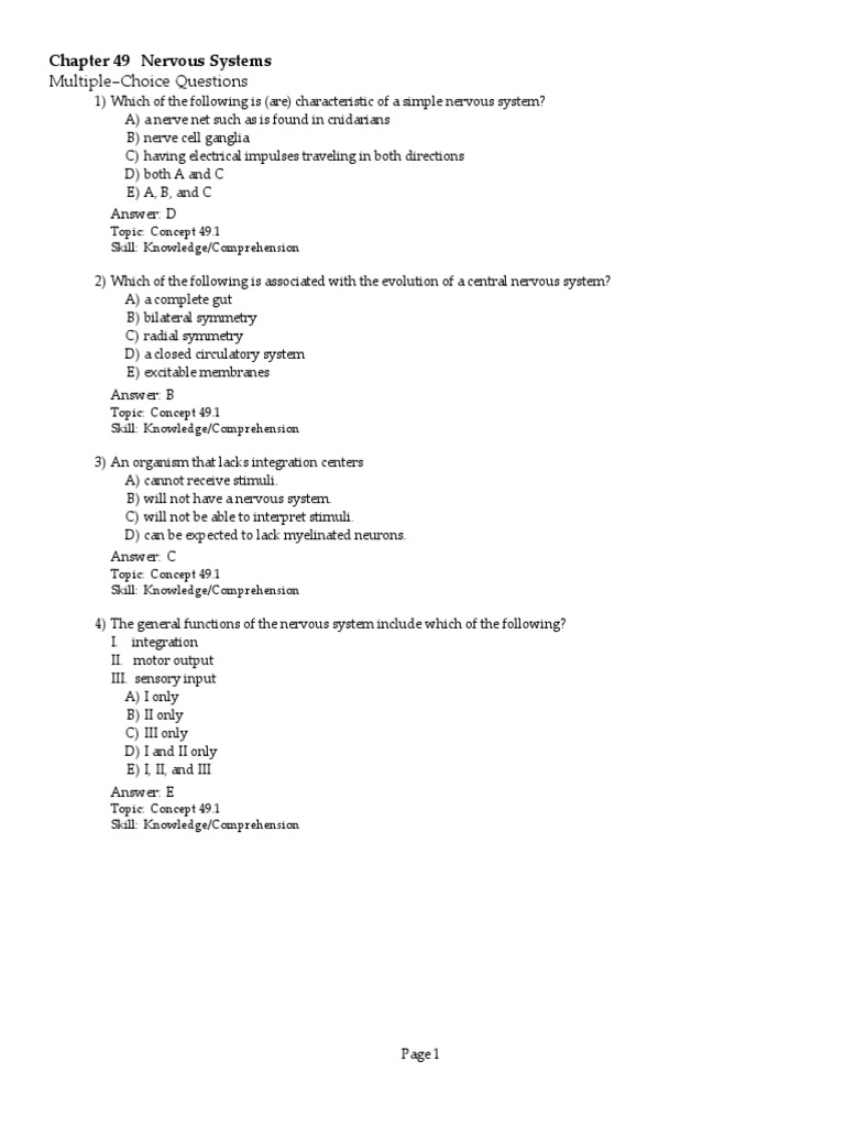 Multiple-Choice Questions: Chapter 49 Nervous Systems | PDF | Nervous ...