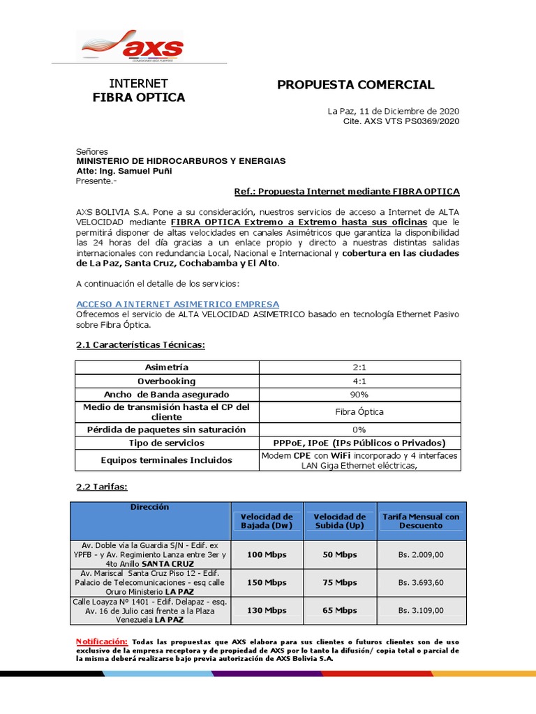 Propuesta Internet Mediante Fibra Óptica Gpon Empresa Ministerio de Hidrocarburos y E Nergias ...