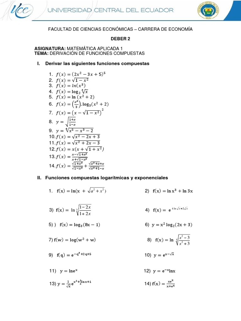 Deber 2 Derivada de Funciones Compuestas | PDF | Análisis matemático ...