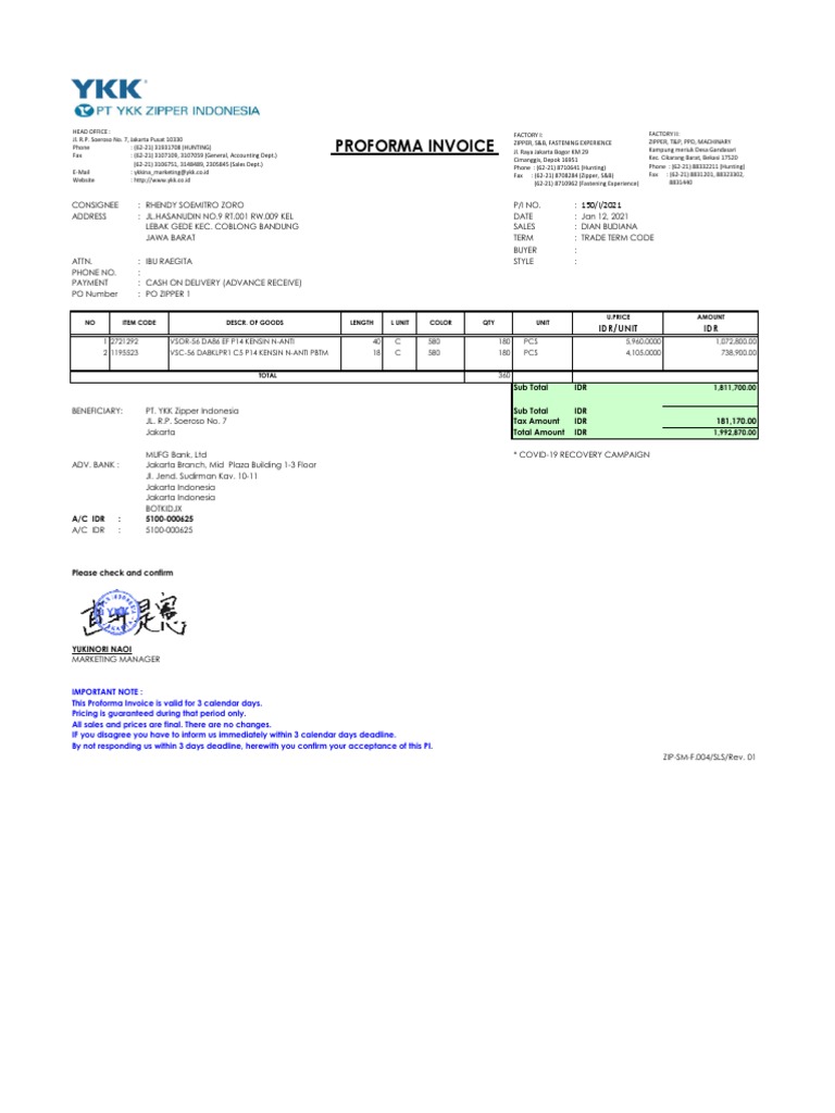 Proforma Invoice: Amount NO Item Code Descr. of Goods Length L Unit ...