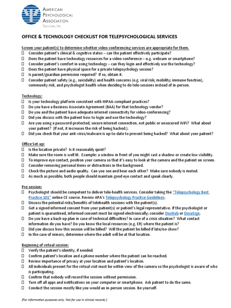 Office Technology Checklist For Telepsychology Services (3.14.20) | PDF ...