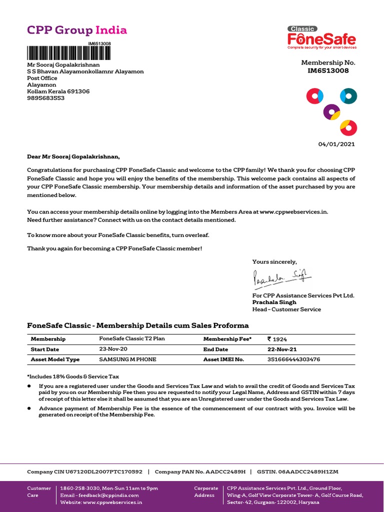 Membership No. Im6513008: Fonesafe Classic - Membership Details Cum ...