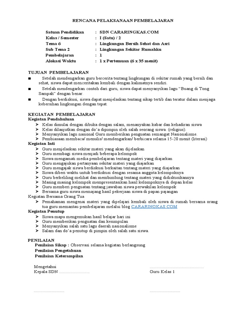 RPP 1 Lembar Kelas 1 Tema 6 Revisi Subtema 2 | PDF