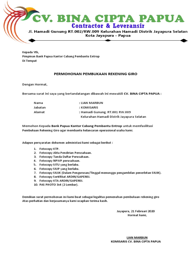 Surat Permohonan Pembukaan Rekening Giro | PDF