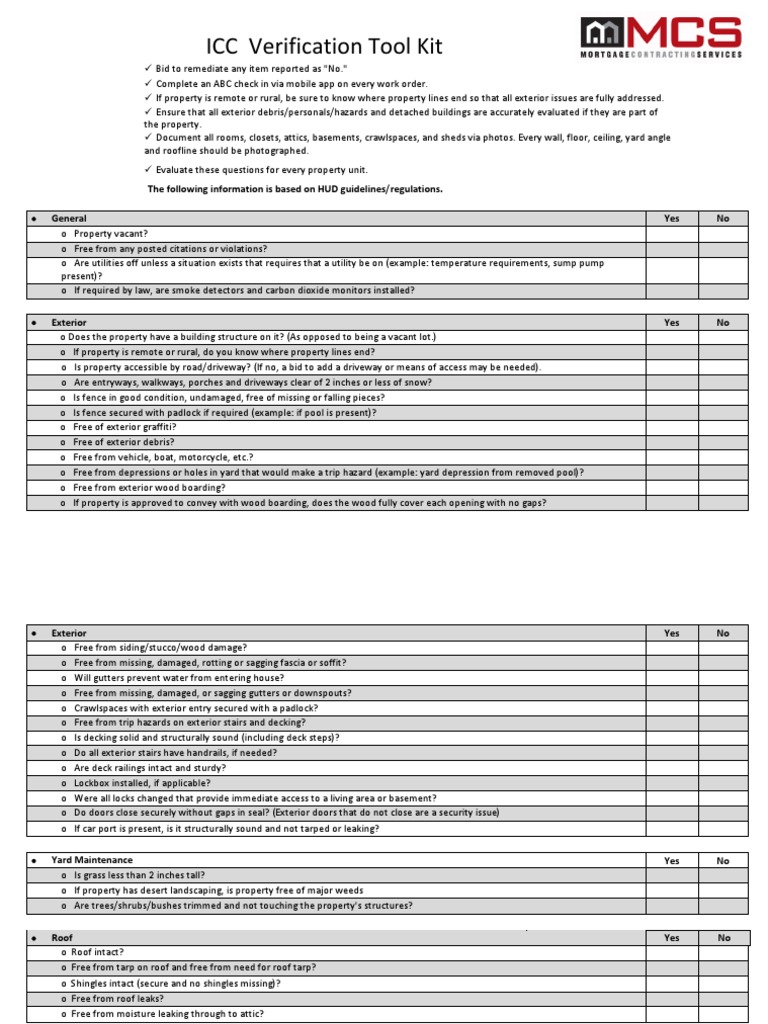 ICC Property Verification Checklist | PDF | Basement | Bathroom