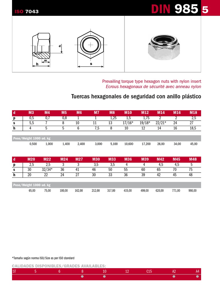 Tuercas Autoblocantes Seguridad ISO 10511 DIN 985 PDF | PDF