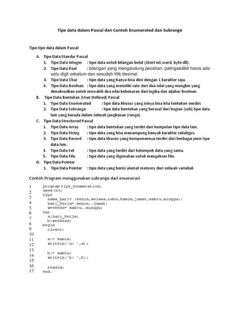 Tipe Data Pascal Dan Contoh Enumerated Dan Subrange PDF | PDF