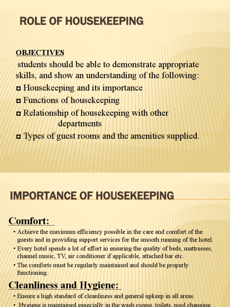 Chapter 1 ROLE OF HOUSEKEEPING | PDF | Hygiene | Hotel And Accommodation