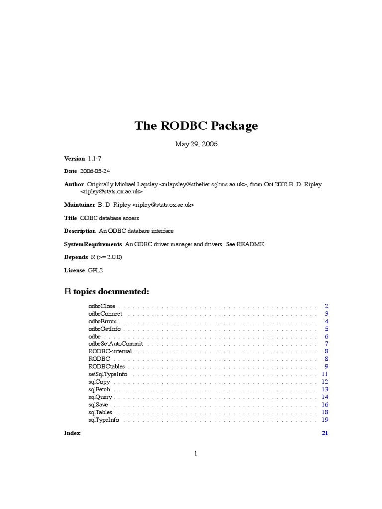 The RODBC Package: R Topics Documented | Download Free PDF | Databases | Sql