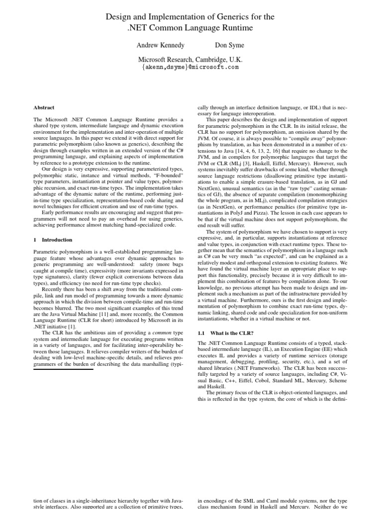 Design and Implementation of Generics For The: Andrew Kennedy Don Syme ... Design and Implementation of Generics For The: Andrew Kennedy Don Syme ...