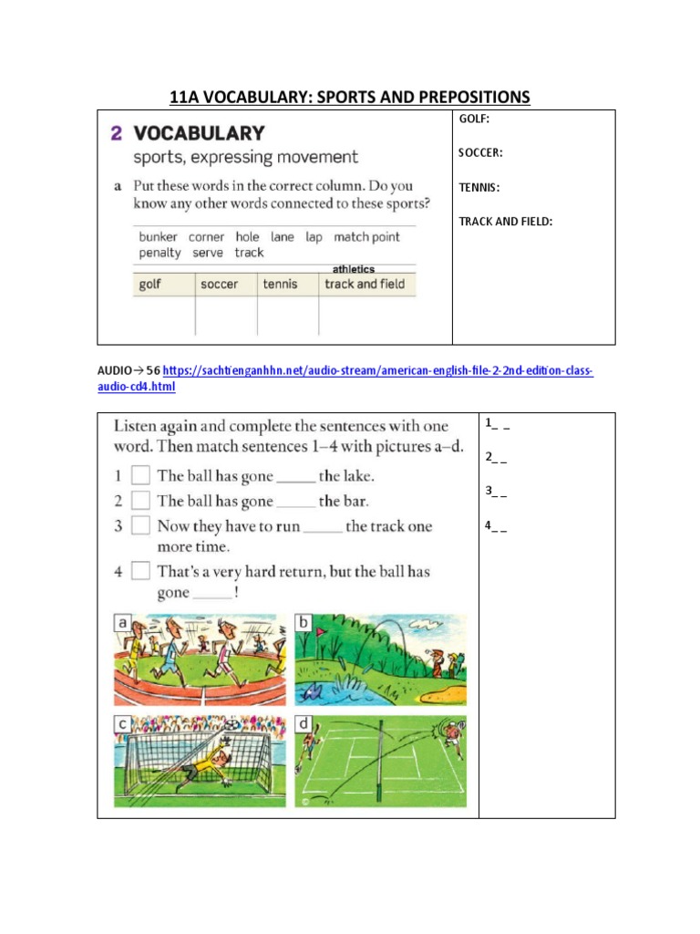 11A Vocabulary: Sports and Prepositions: Golf: Soccer: Tennis: Track ...