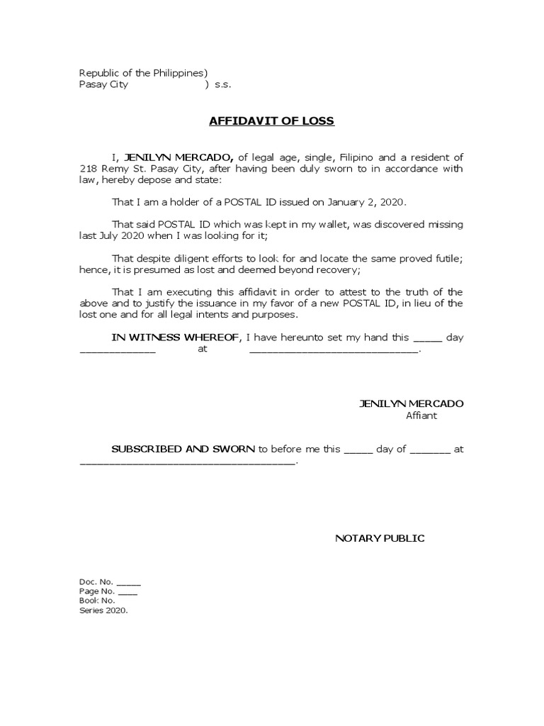Affidavit of Loss for Postal ID | PDF | Law | Finance & Money Management