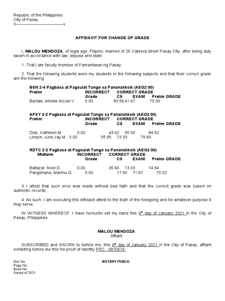 Affidavit for Grade Correction | PDF