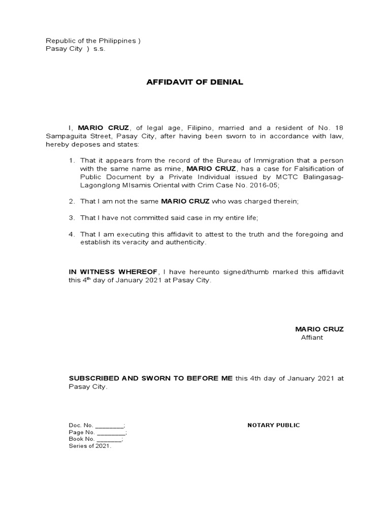 Affidavit of Denial SAMPLE | PDF