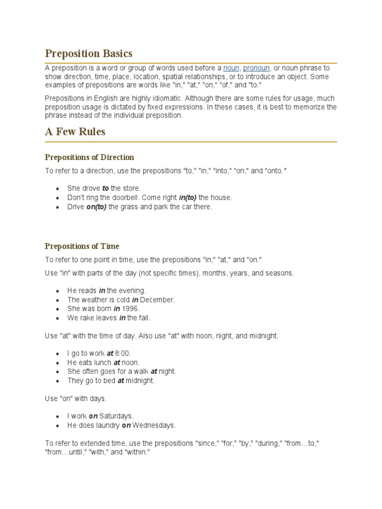 Preposition Basics: Prepositions of Direction | PDF | Preposition And Postposition | Phrase