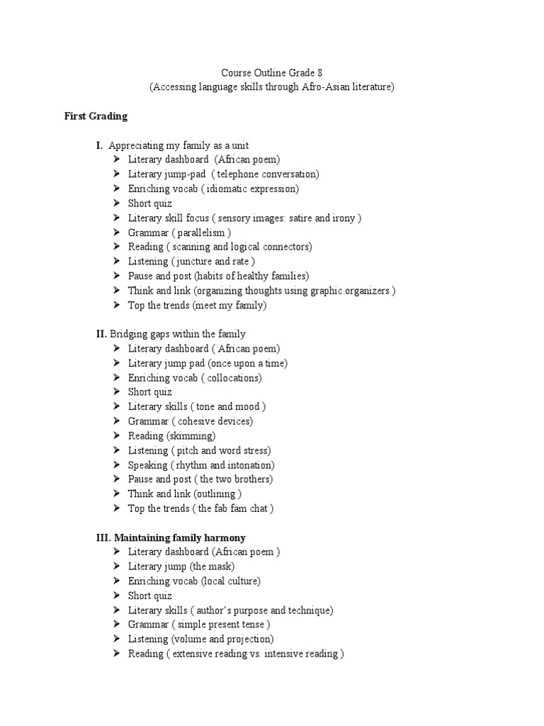 Course Outline Grade 8 | PDF | Vocabulary | Poetry