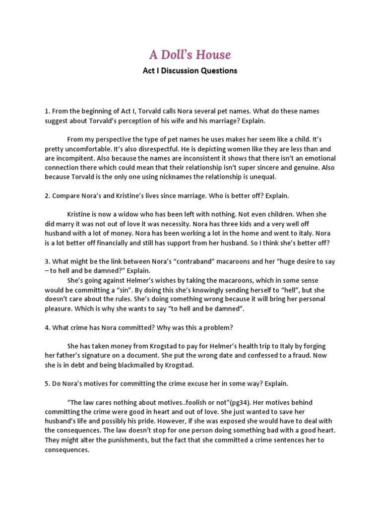 A Doll's House: Act I Discussion Questions | PDF | A Doll's House ...