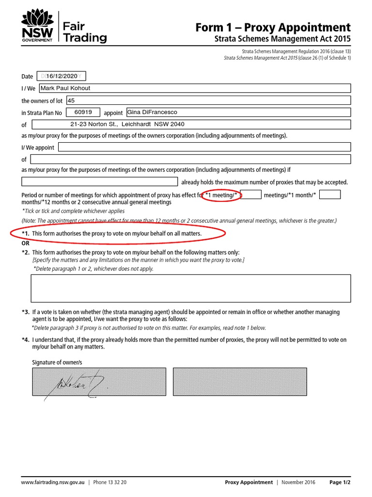Form 1 - Proxy Appointment: Strata Schemes Management Act 2015 | PDF ...