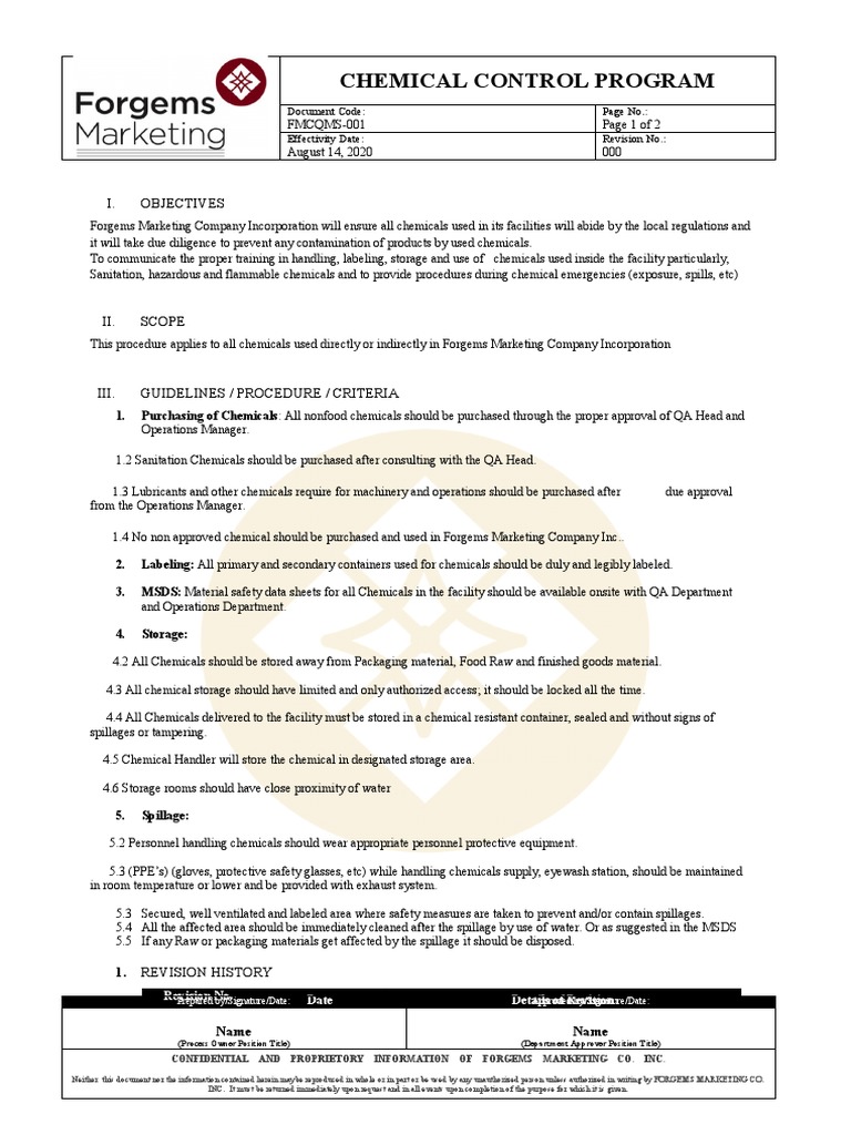FMCQMS-001 Chemical Control Program | PDF | Safety | Occupational ...