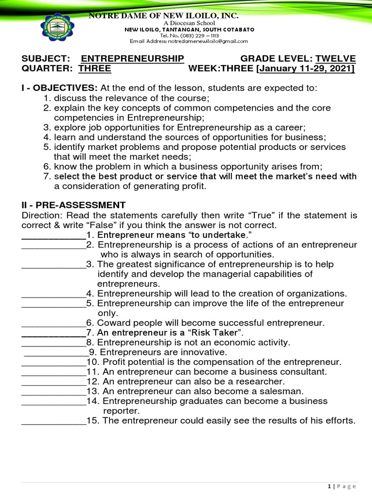 Entrepreneurship G12 Module Jan 11-29 PDF | PDF | Entrepreneurship ...