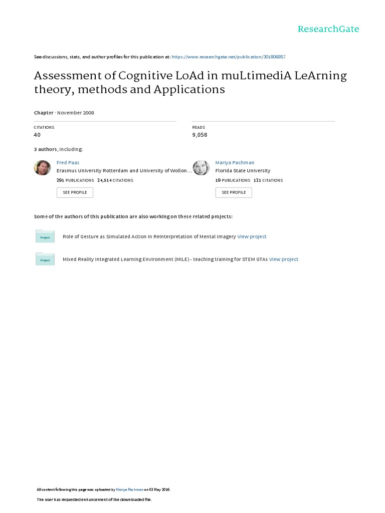 Assessment of Cognitive Load in Multimedia Learning Theory, Methods and Applications | PDF ...